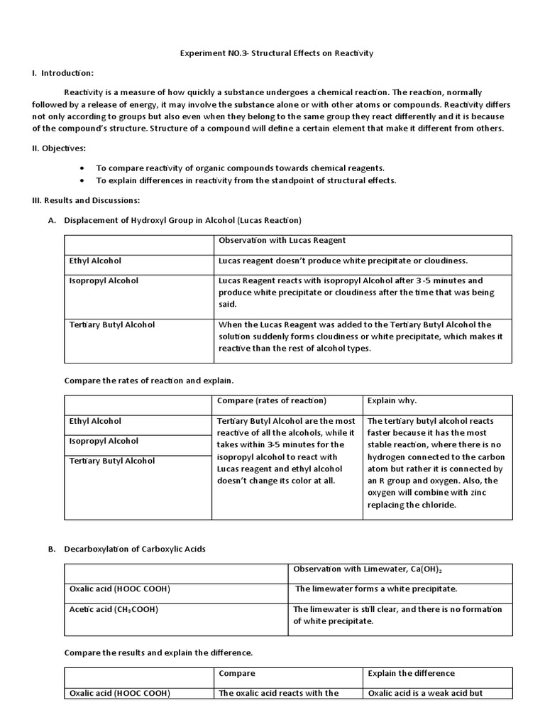 Experiment N0. 3 - Structural Effects On Reactivity | PDF | Chemical ...