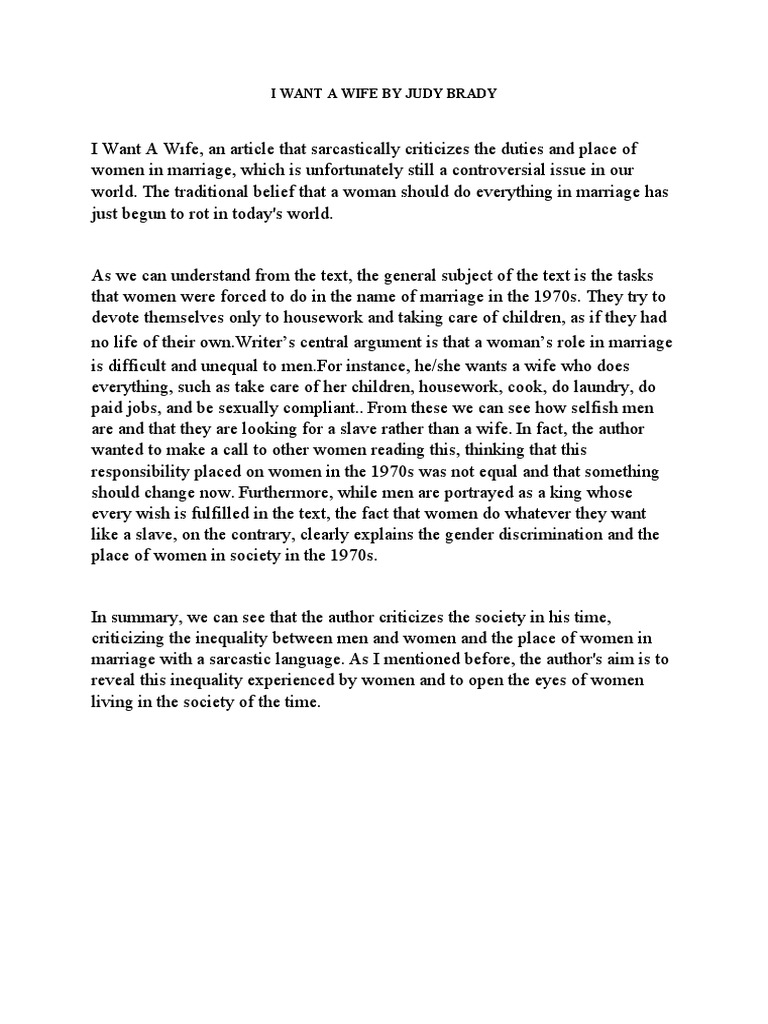 I Want A Wife by Judy Brady | PDF