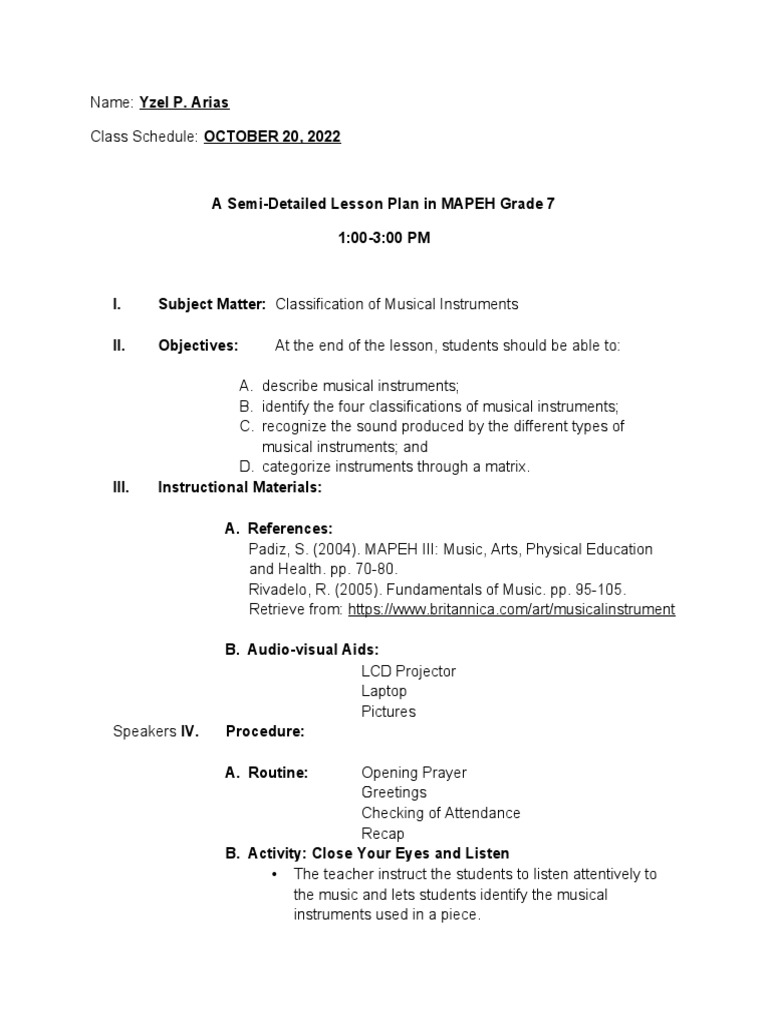 Grade 7 MAPEH Lesson Plan: Instruments | PDF | Musical Instruments ...