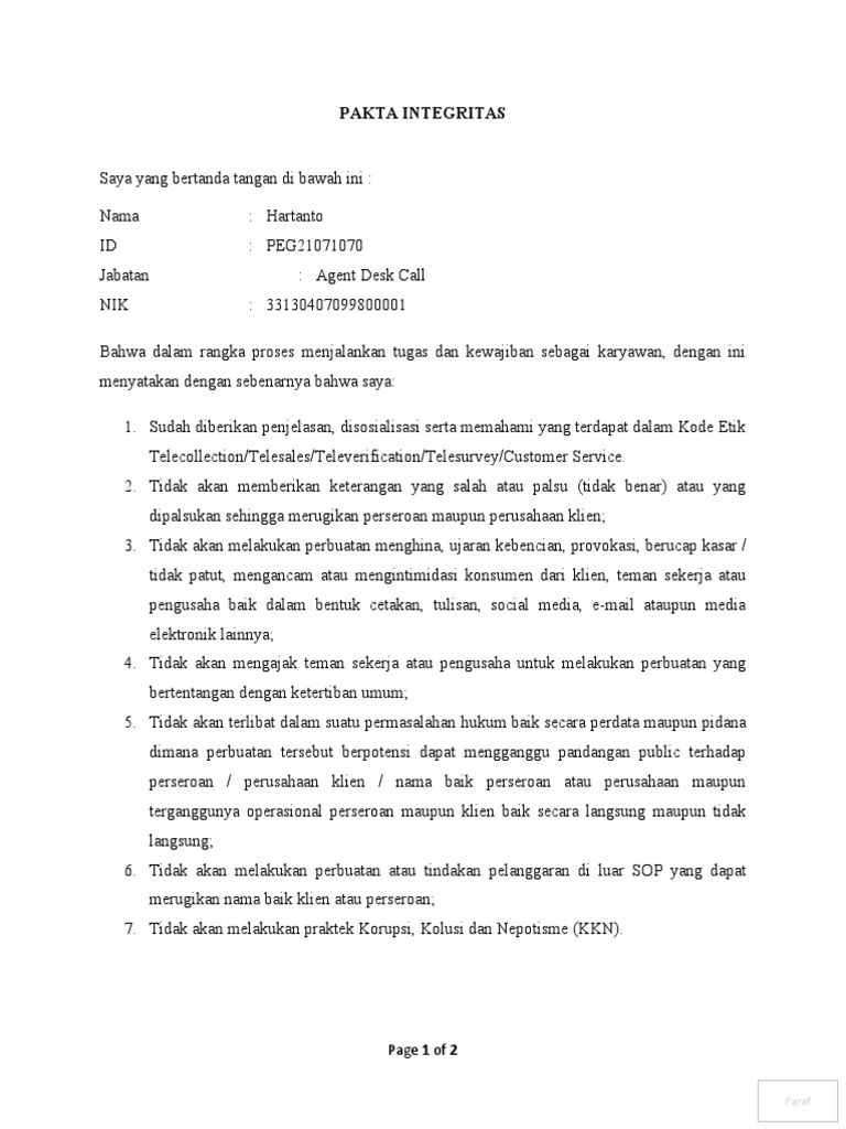 Pakta Integritas | PDF
