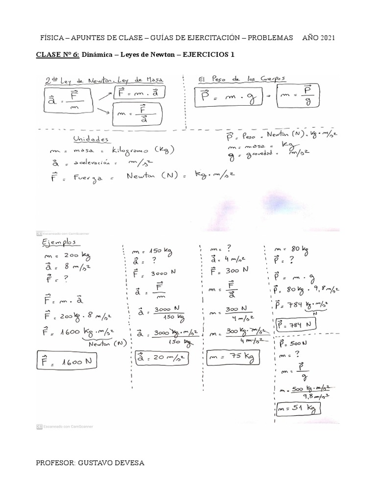 Clase 6 - Dinámica - Leyes de Newton - Fórmulas, Ejemplos y Ejercicios | PDF
