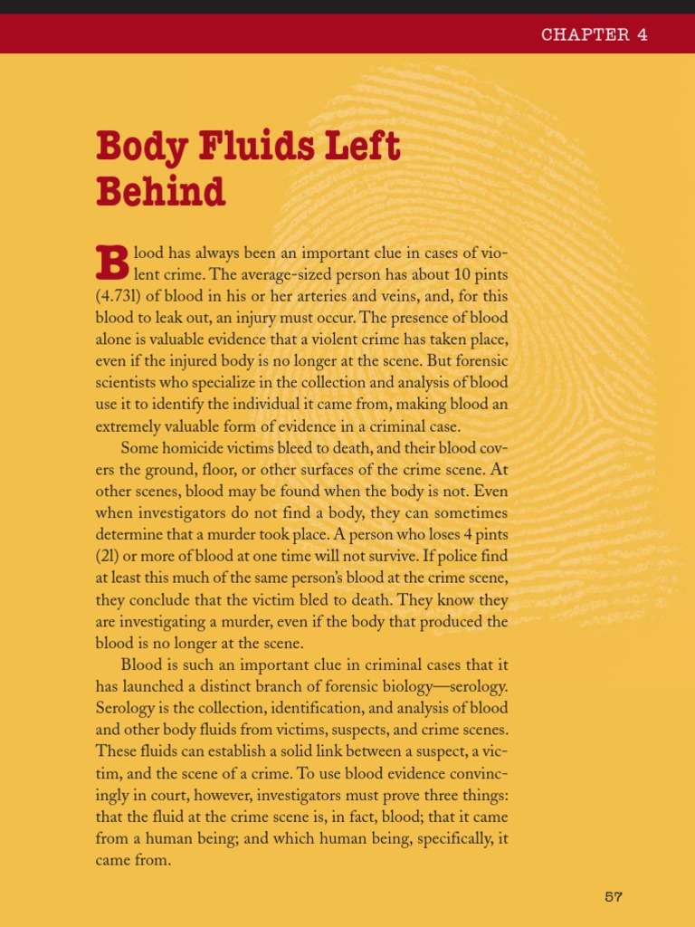 CH4-Body Fluids Left Behind | PDF | Dna Profiling | Driving Under The Influence