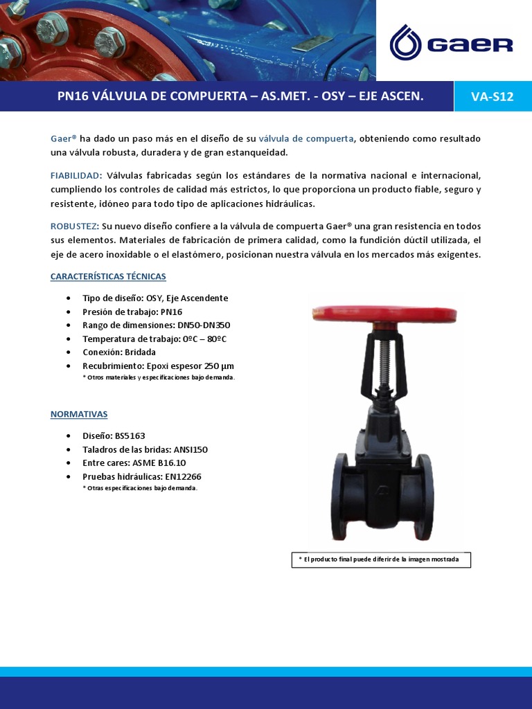 FICHA TECNICA Válvula de Compuerta Vastago Asecendente OSY GAER S12 | PDF | Acero | Tornillo