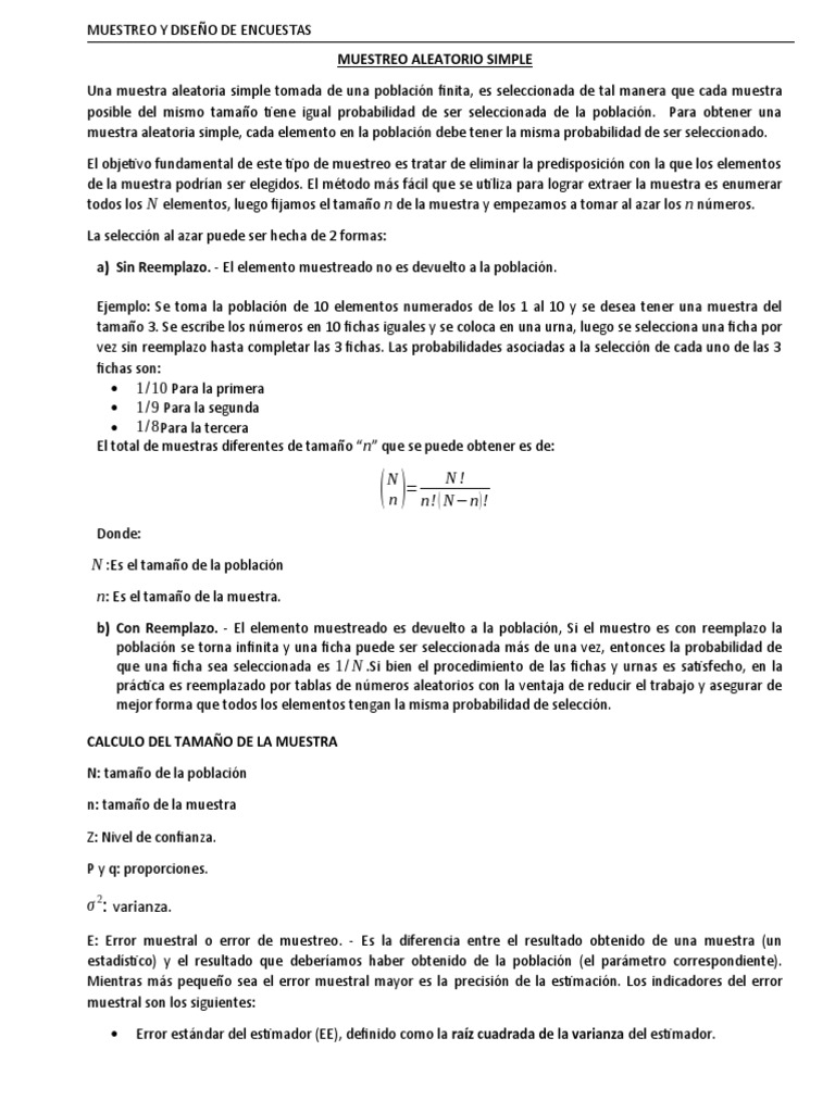 Muestreo aleatorio simple: Teoría y ejemplo práctico | PDF | Muestreo ...