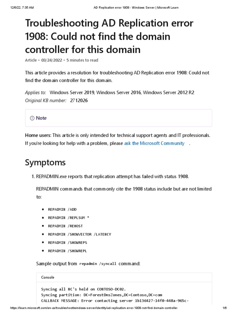 AD Replication Error 1908 - Windows Server - Microsoft Learn | PDF ...