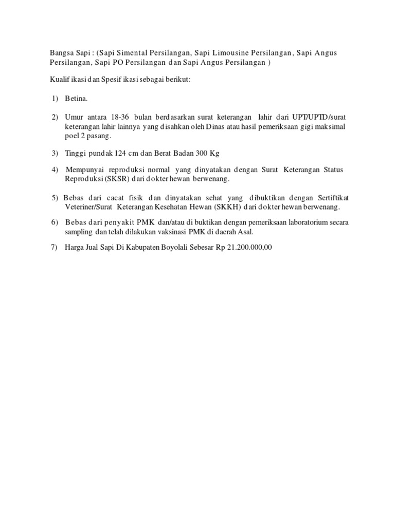 Spek Sapi Dan Harga | PDF