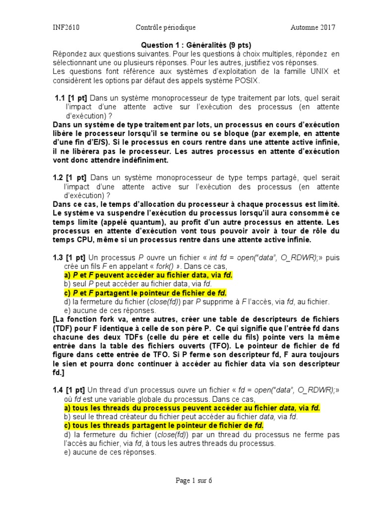 Contrôle périodique INF2610 Automne 2017 | PDF | Thread (informatique) | Architecture (Informatique)