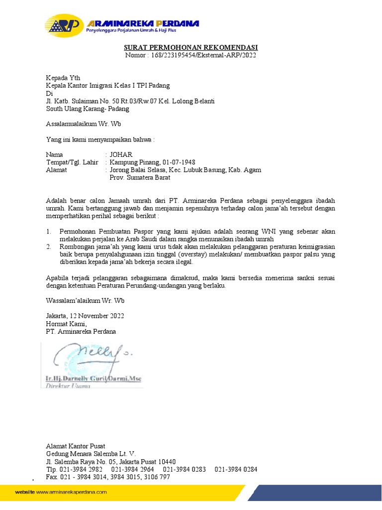 Surat Permohonan Rekomendasi Nauta Veri | PDF