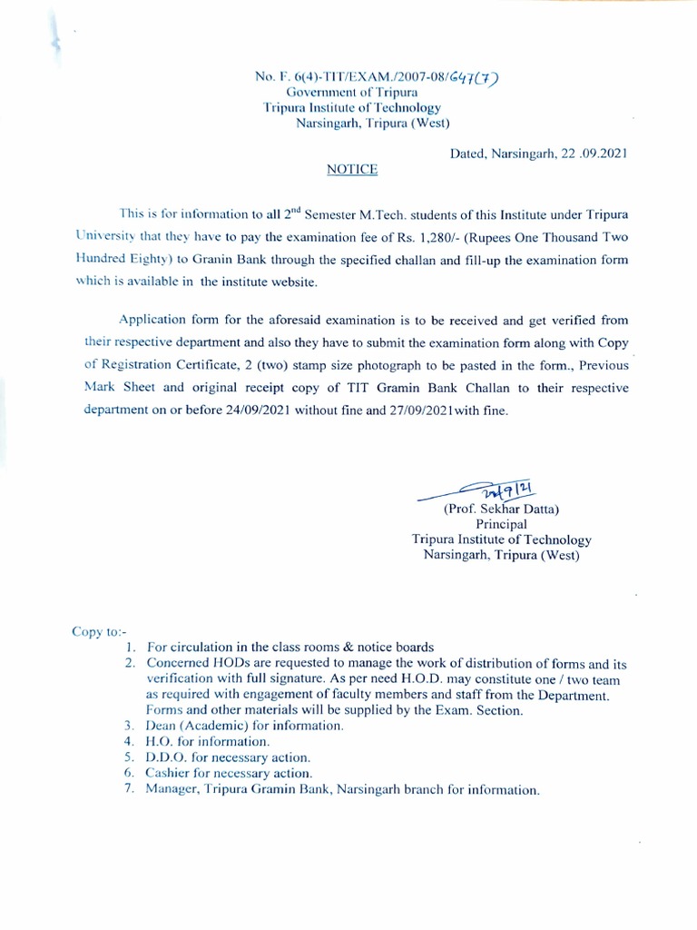 M.Tech Exam Fee Notice - Tripura Institute | PDF
