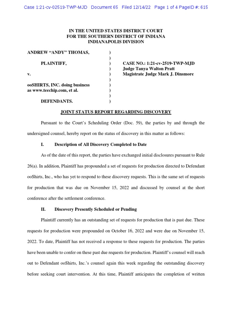 Joint Status Report | PDF | Discovery (Law) | Deposition (Law)