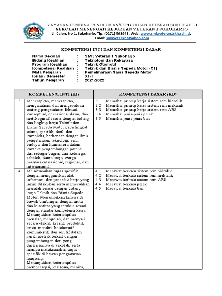 KI DAN KD-Pemeliharaan Sasis Kelas XI | PDF | Seni