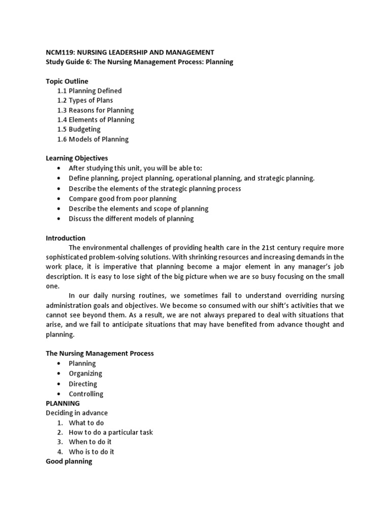 Ncm119: Nursing Leadership and Management Study Guide 6: The Nursing ...
