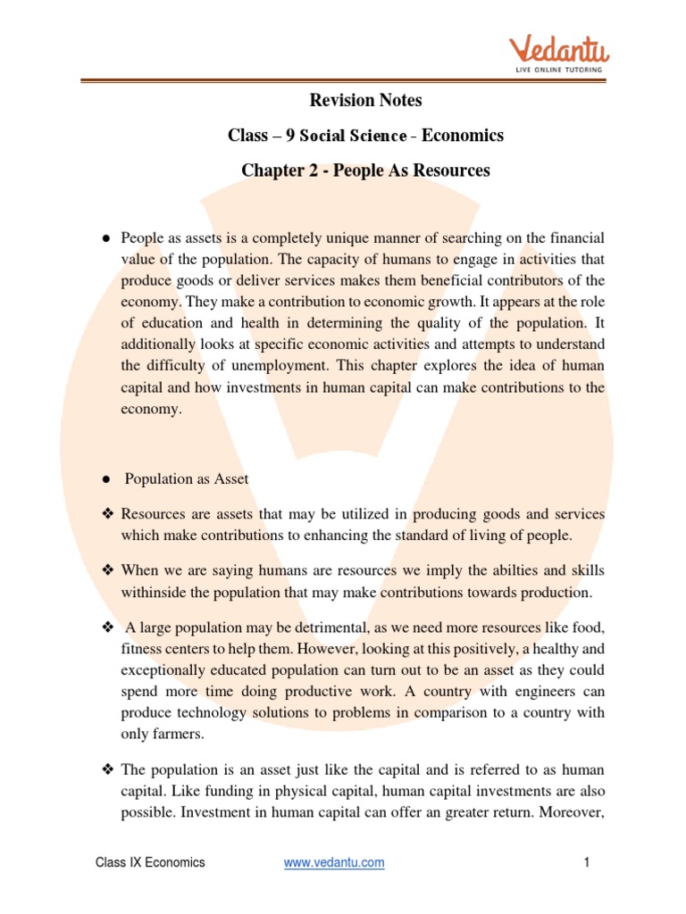 CBSE Class 9 Economics Chapter 2 Notes - People As Resource | PDF ...