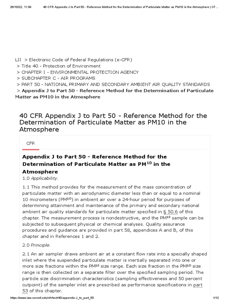 40 CFR Appendix J To Part 50 - PM10 | PDF | Flow Measurement | Particulates