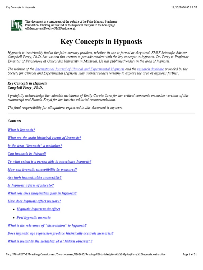 Key Concepts in Hypnosis Guide | PDF | Hypnosis | Psychological Concepts