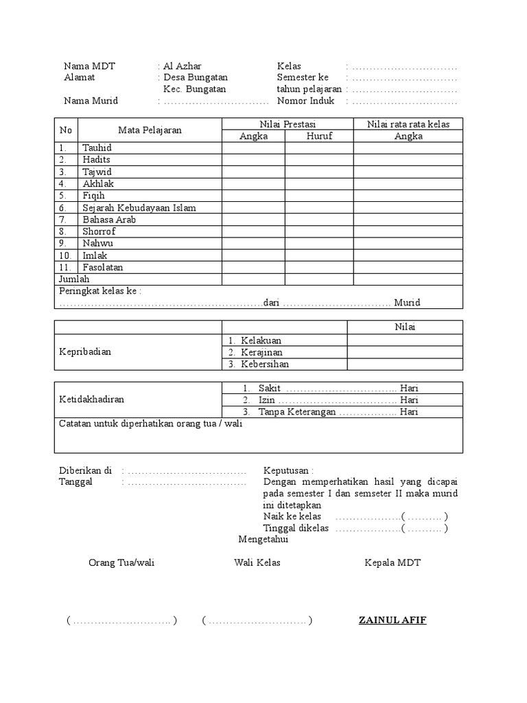 Raport Madrasah Diniyah Takmiliyah | PDF | Olahraga & Rekreasi