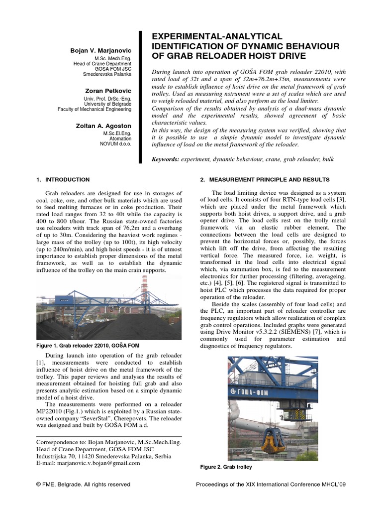 Experimental-Analytical Identification of Dynamic Behavior of Grab Re Loader Hoist Drive | PDF ...