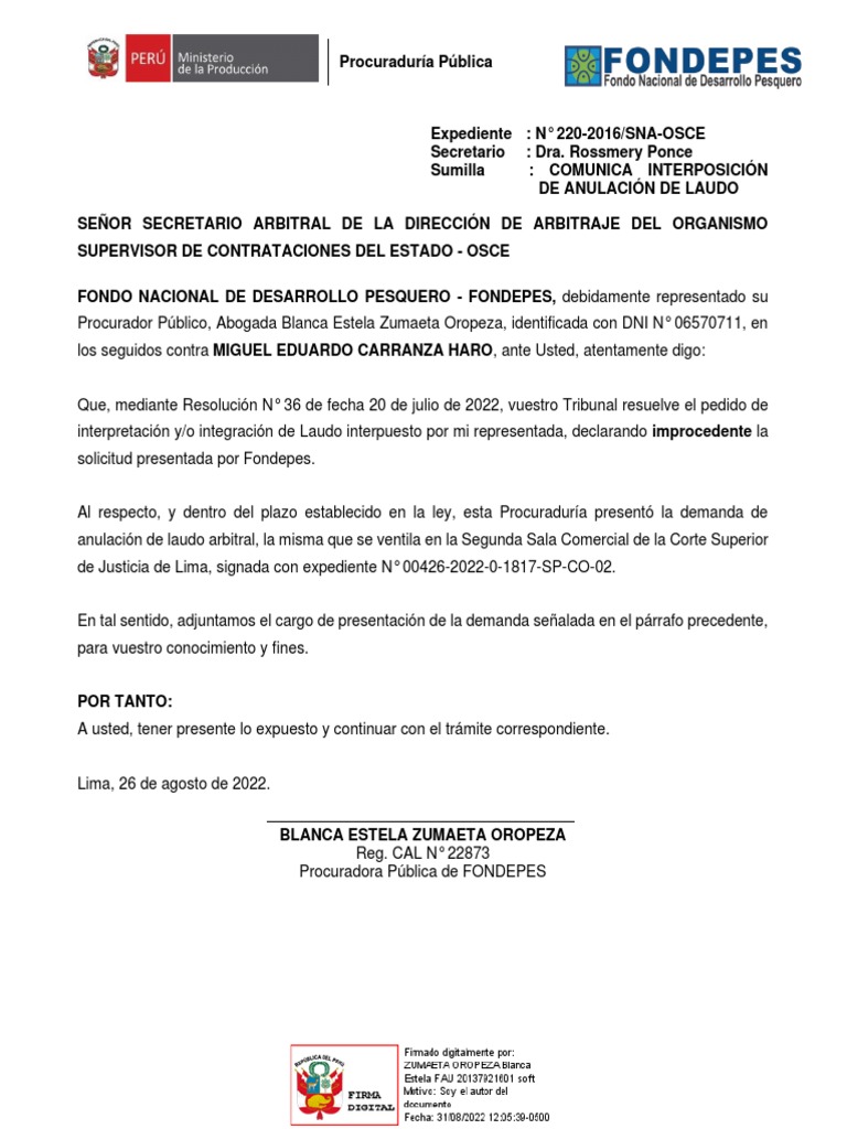 1.2 Escrito Interposicion de Anulacion de Laudo Entidad 31.08.22 | PDF 1.2 Escrito Interposicion de Anulacion de Laudo Entidad 31.08.22 | PDF