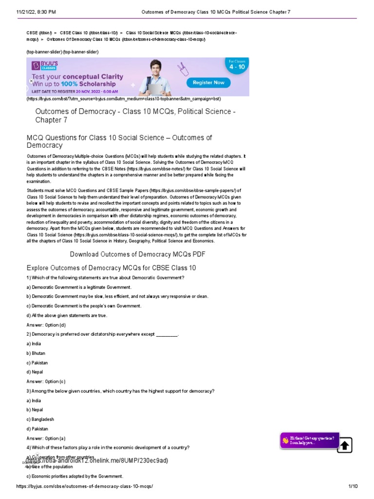 Outcomes of Democracy Class 10 MCQs Political Science Chapter 7 | PDF ...