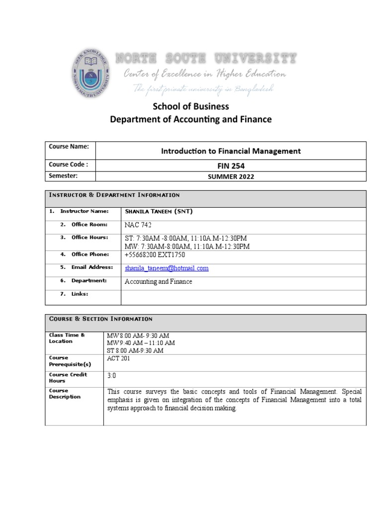 Fin 254 Course Outline SUMMER 2022 | PDF | Valuation (Finance)