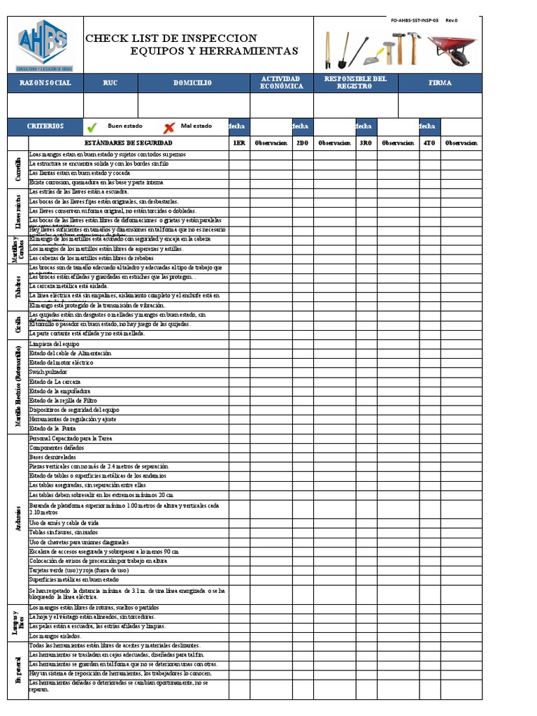 Check List de Inspeccion de Herramientas | PDF | Equipo | Ingeniería mecánica