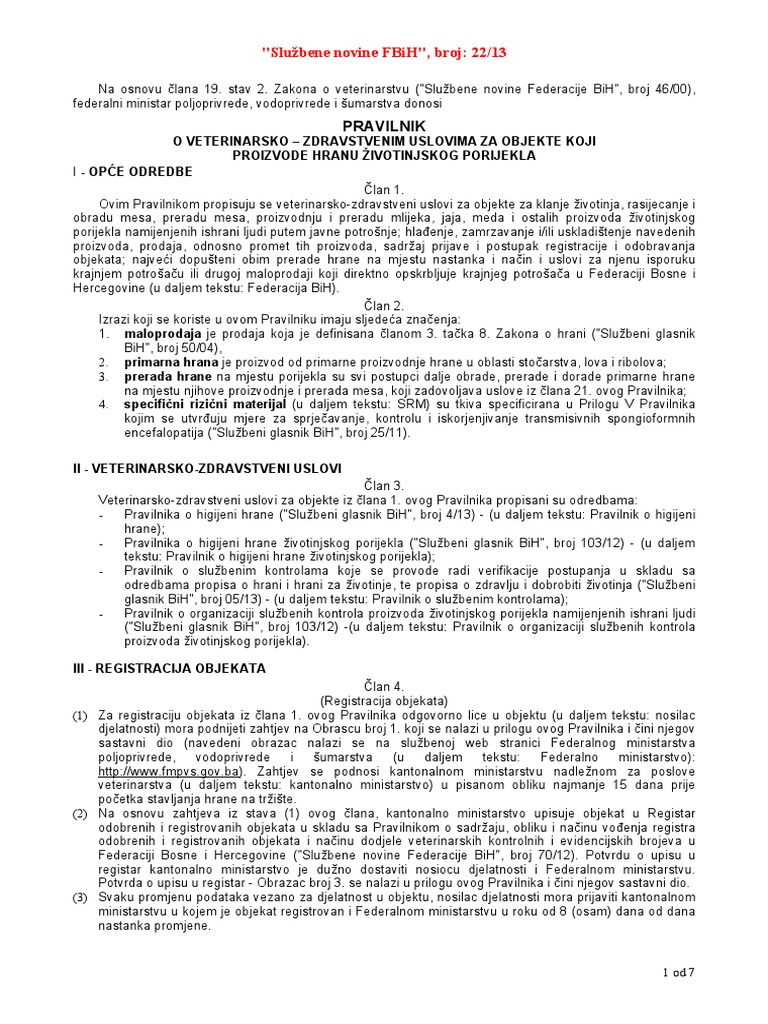 O Veterinarsko - Zdravstvenim Uslovima Za Objekte Koji Proizvode Hranu ...