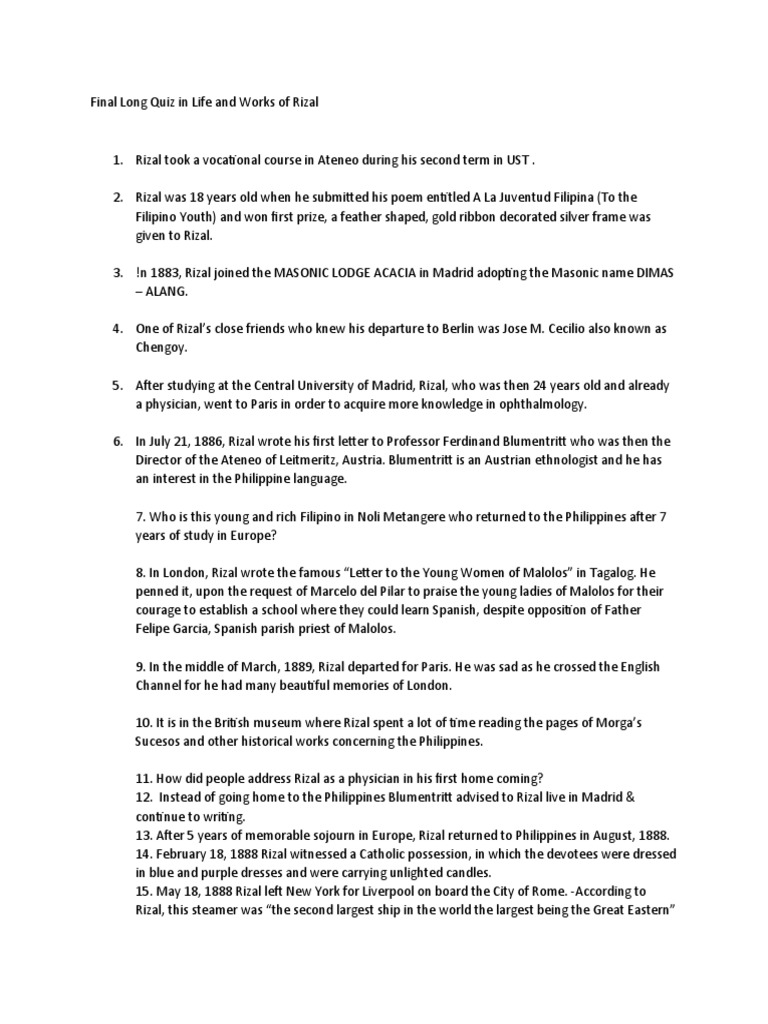 Final Long Quiz in Life and Works of Rizal | PDF | Philippines