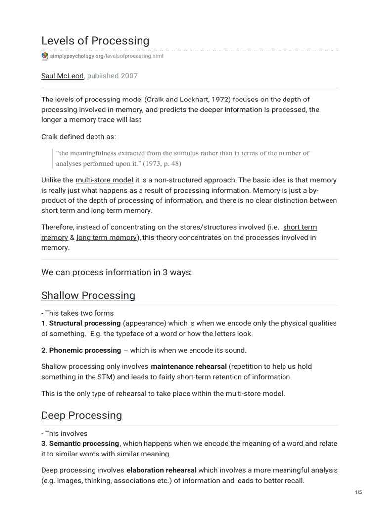 Levels of Processing | PDF | Recall (Memory) | Memory