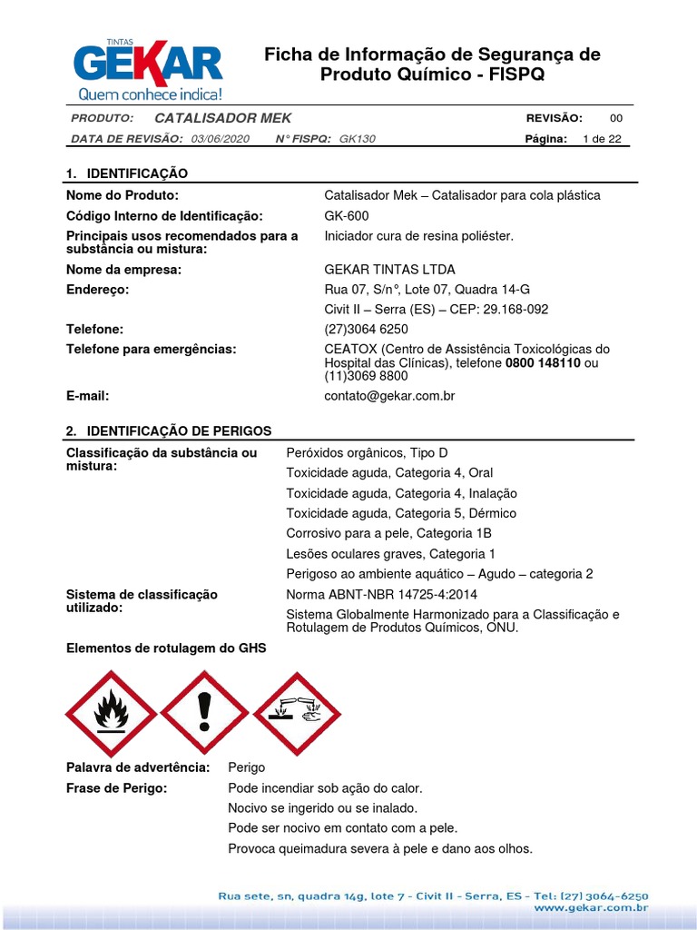 Catalisador - MEK | PDF | Vapor | Solubilidade