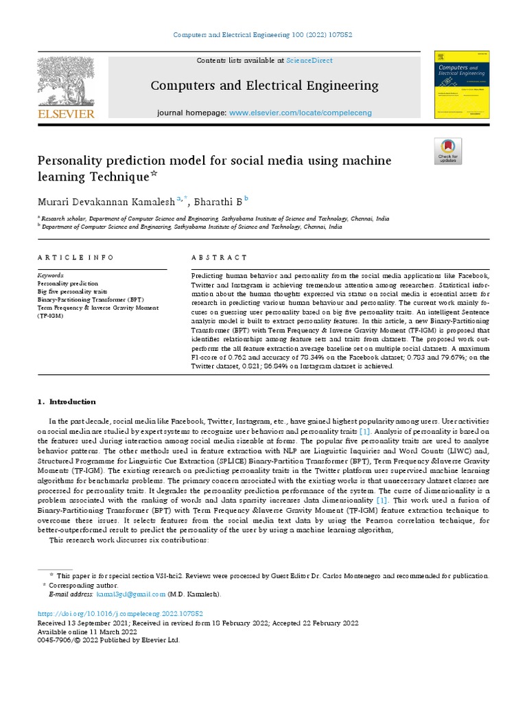 Personality Prediction Model For Social Media Us - 2022 - Computers and ...