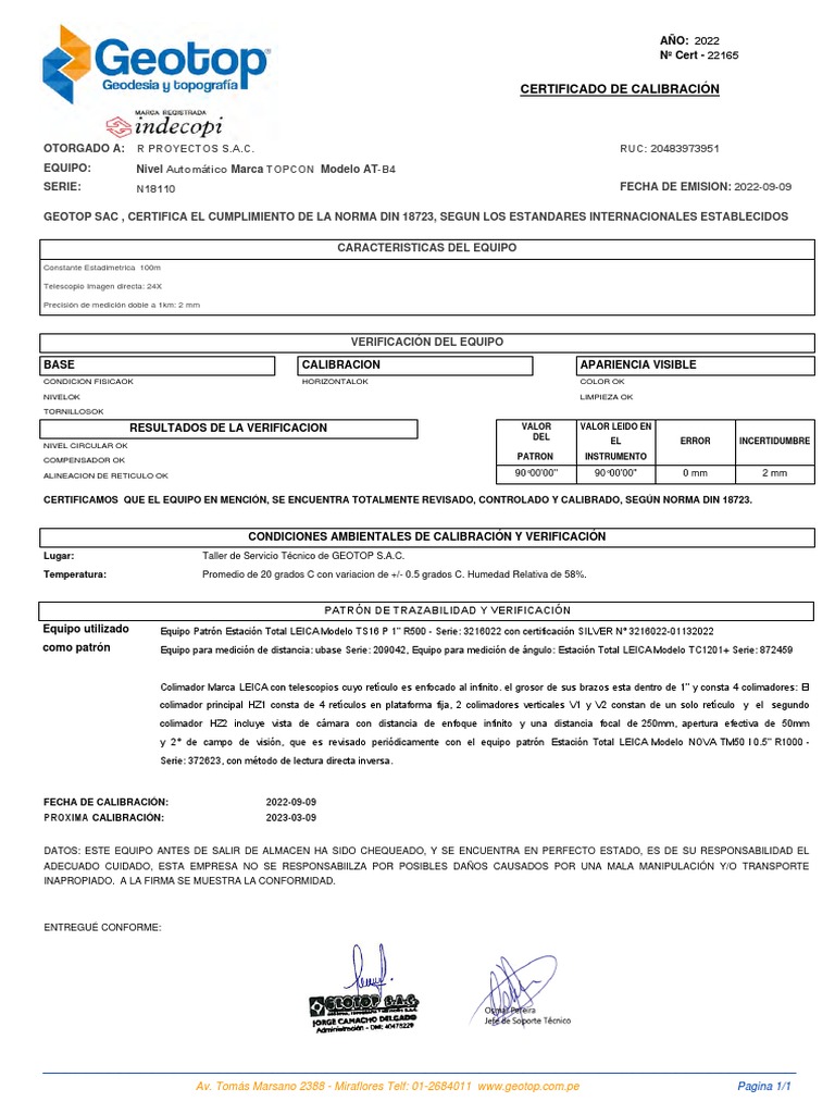 Cert 22245 - R Proyectos S.A.C. | PDF | Calibración | Óptica