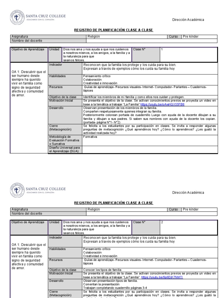Formato Planificación Clase A Clase 2021 | PDF | Aprendizaje | Amor