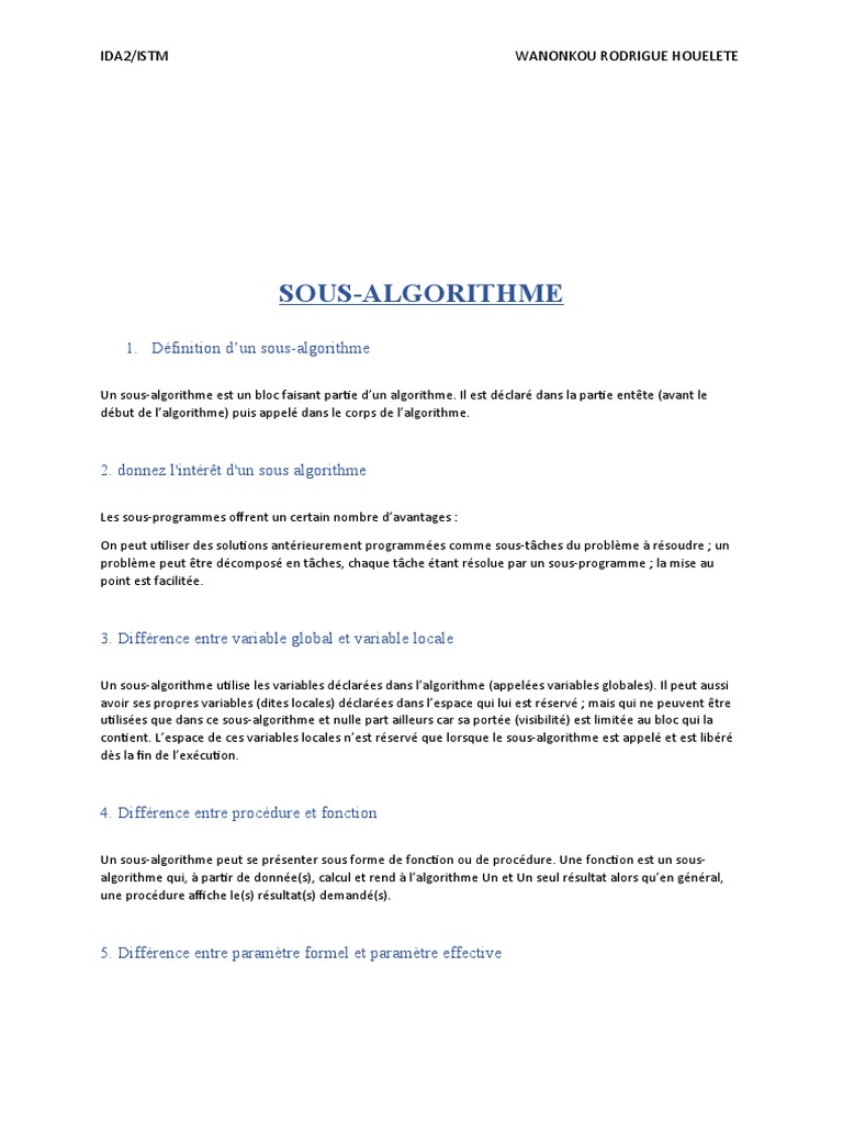 Concepts Clés des Sous-Algorithmes | PDF | Paramètre (Programmation ...