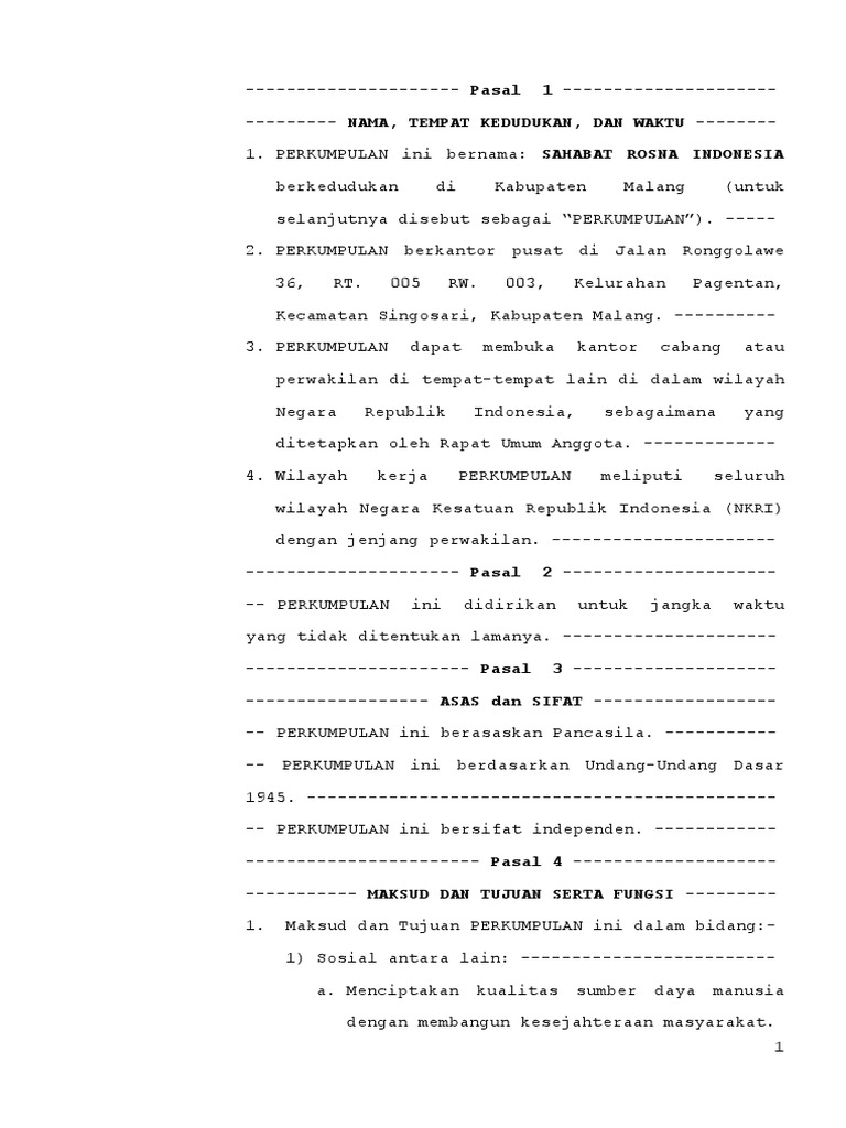 Anggaran Dasar Perkumpulan - Draft | PDF