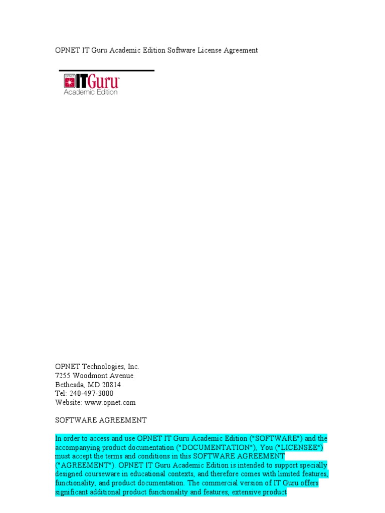 OPNET IT Guru Academic Edition Software License Agreement | PDF ...