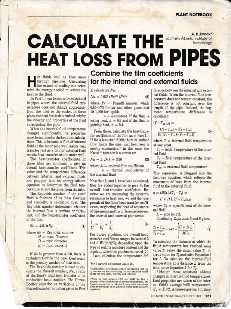 Calculate The Heat Loss From Pipes Pdf Heat Transfer Scientific