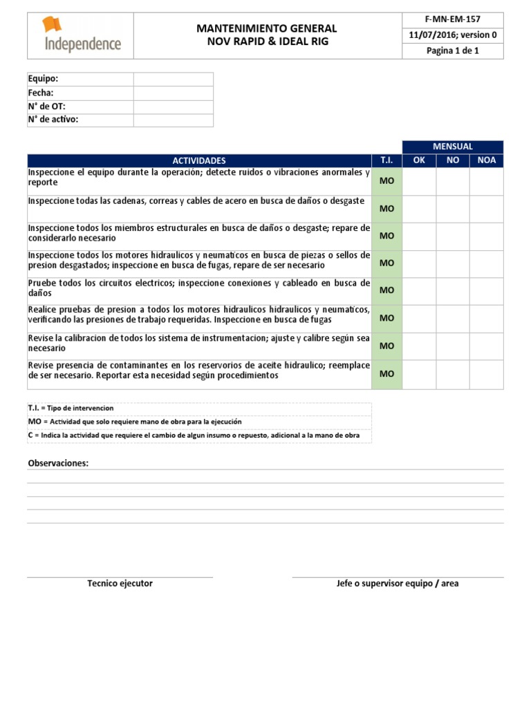 Mantenimiento General Nov Rapid Ideal Rig V - 00 | PDF | Bienes ...