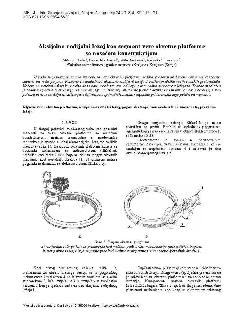 Aksijalno-Radijalni Ležaj Kao Segment Veze Okretne Platforme Sa Nosećom ...