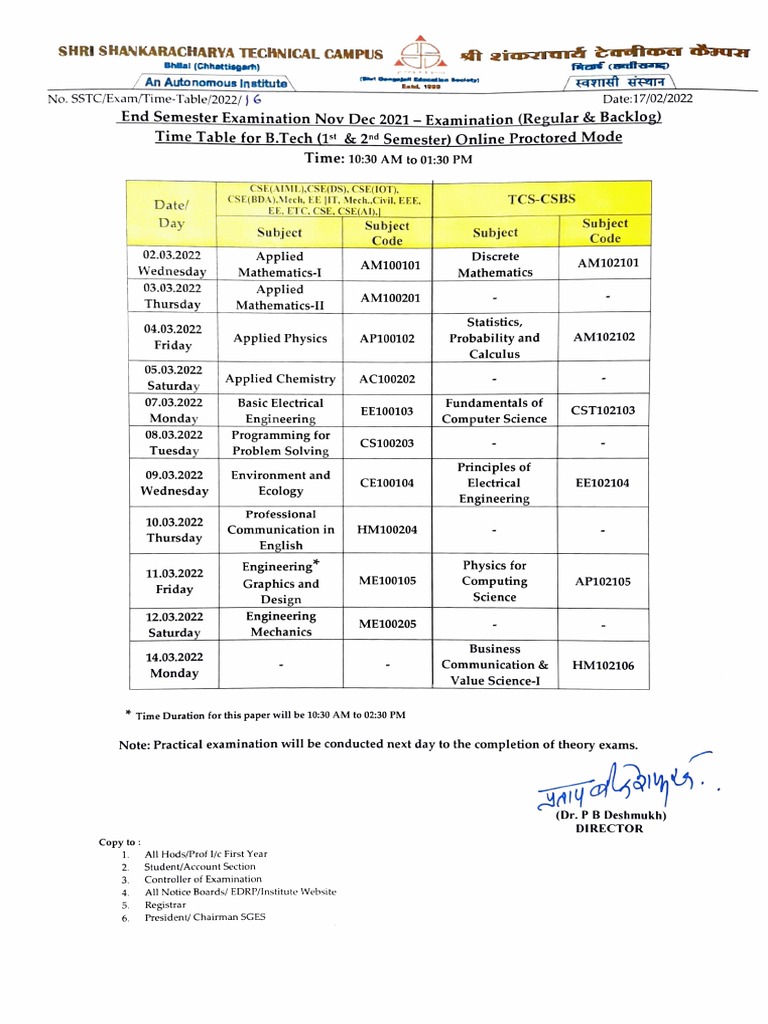 B Tech 1st Sem Time Table Nov Dec 2021 Pdf Engineering Science