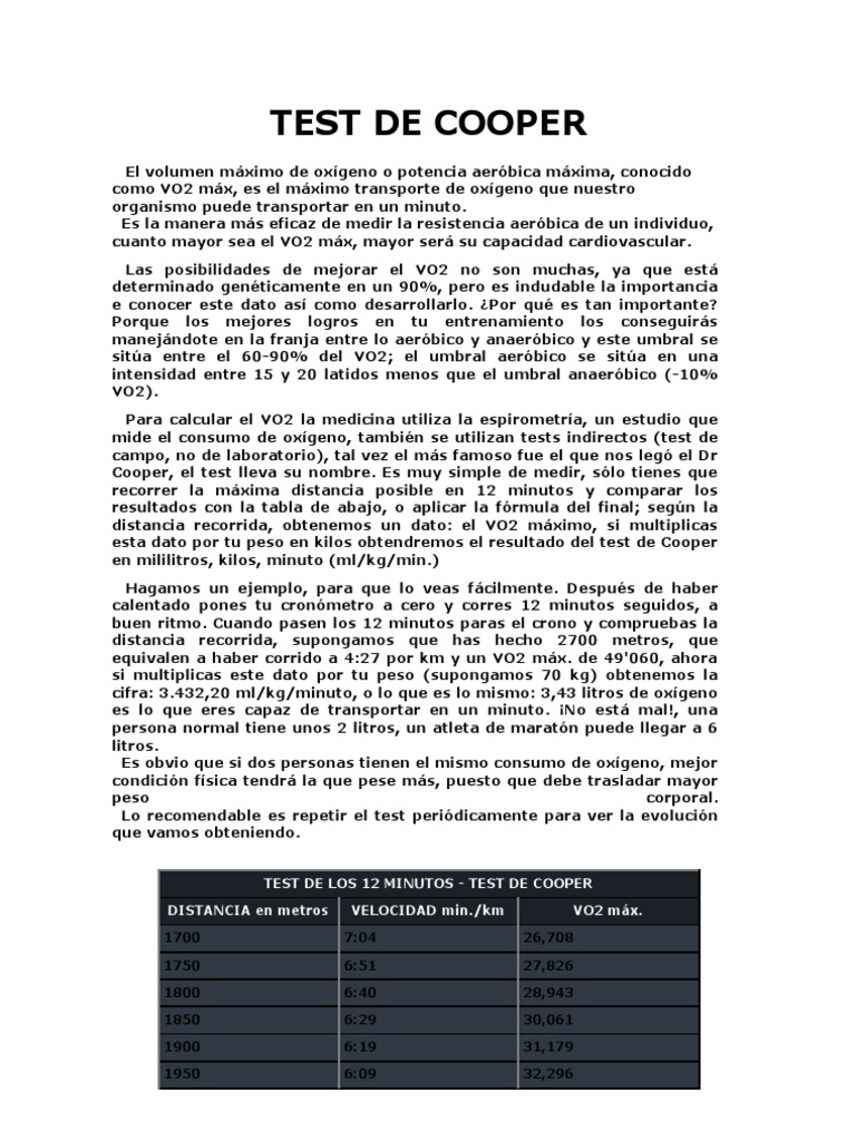 TEST de COOPER y Plan de Entrenamiento | Descargar gratis PDF ...