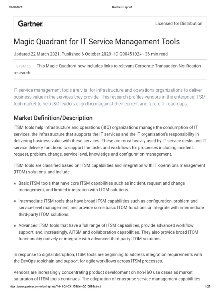 Gartner - Magic Quadrant For IT Service Management Tools-2021Q1 | PDF | Software As A Service ...