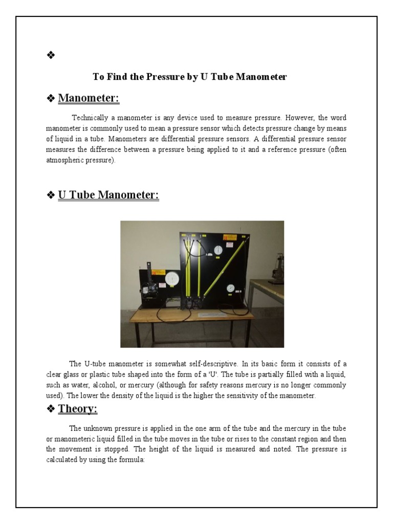 Experiment # 5 U Tube Manometer | PDF | Pressure Measurement | Pressure