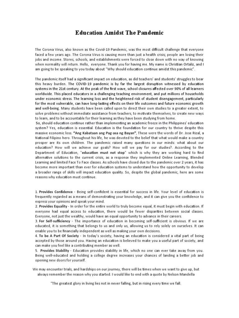 Importance of Education During Pandemic | PDF | Teachers