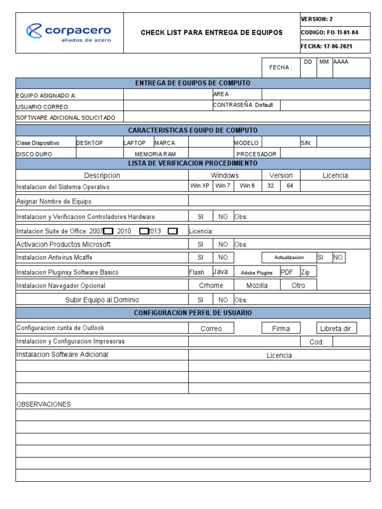 FO-TI-01-04 Formatos check list para entrega de equipos. V2 | PDF ...