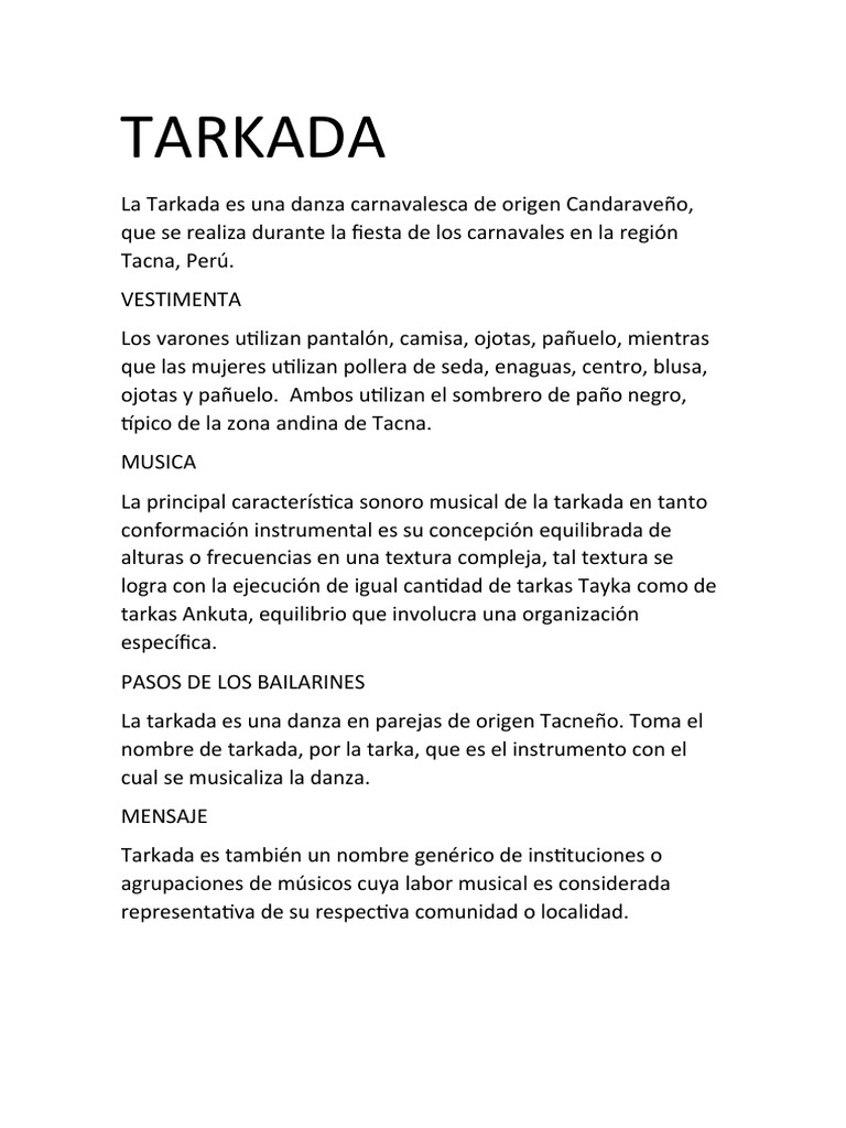 Danza Tarkada: Tradición y Vestimenta | PDF