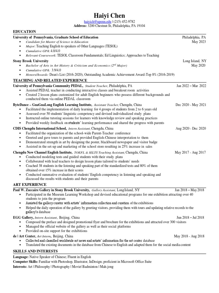 Haiyi Chen CV Final | PDF | English As A Second Or Foreign Language | Teaching Method