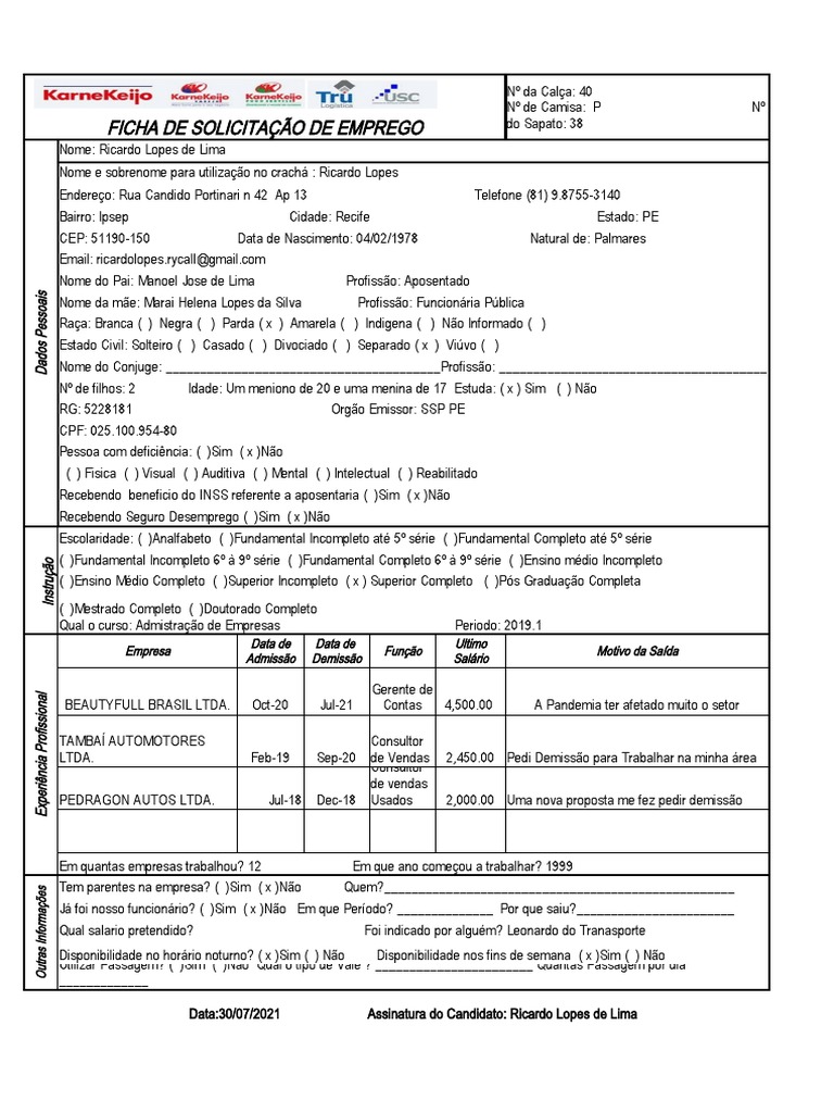 Ficha de Cadastro em Processo Seletivo - 1 Folha - Proposta LGPD | PDF