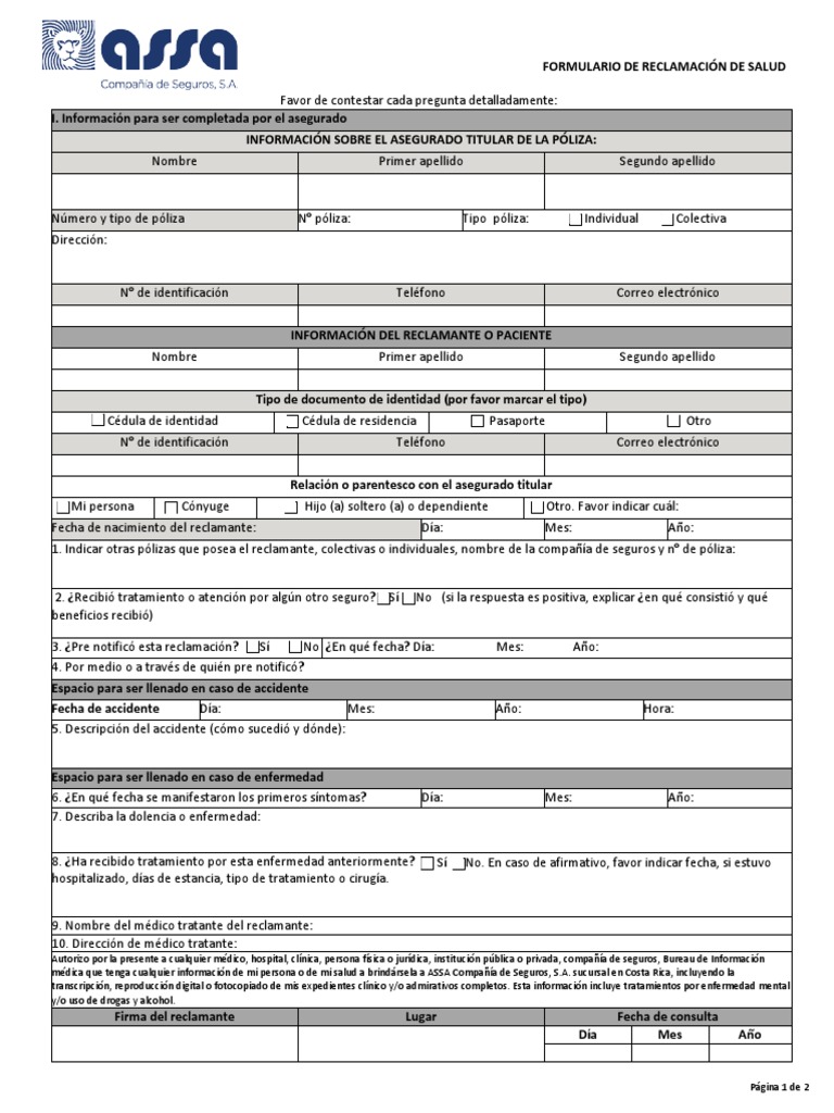 Formulario Reclamacion de Salud ASSA | PDF | Hospital | Póliza de seguros