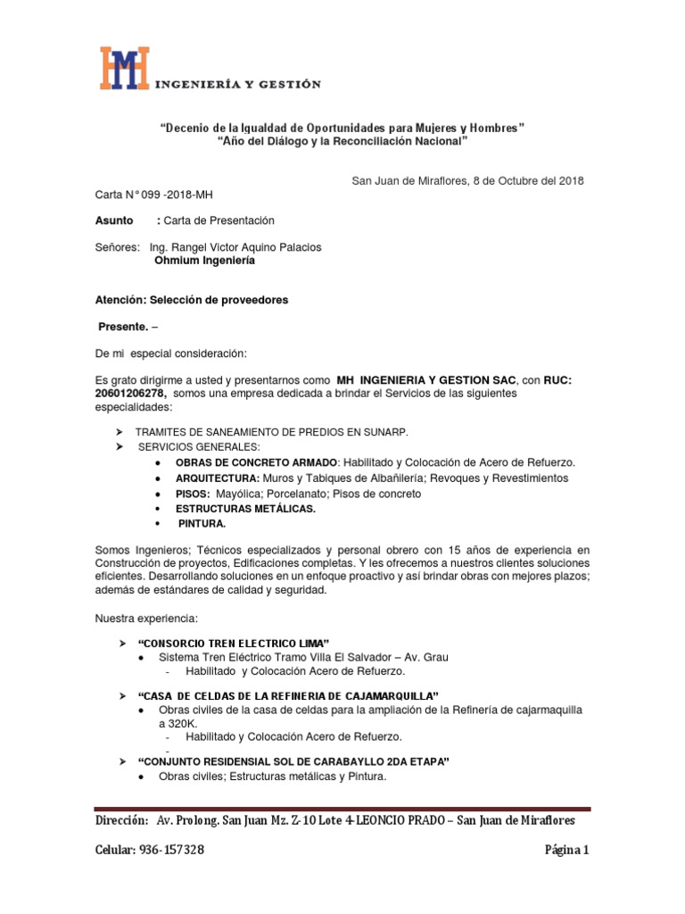 Carta De Presentacion N°99 E 2018 Pdf