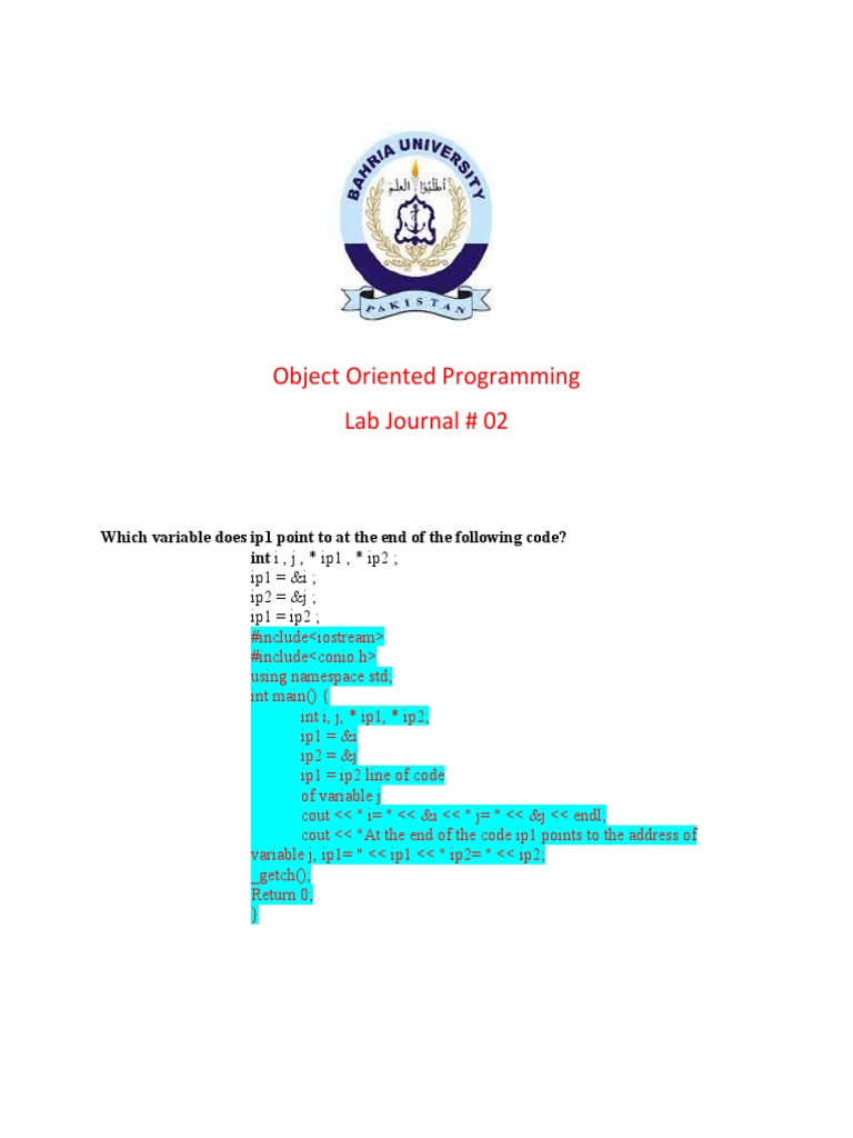 Lab Journal 2 Oop Pdf Pointer Computer Programming Integer Computer Science 9897